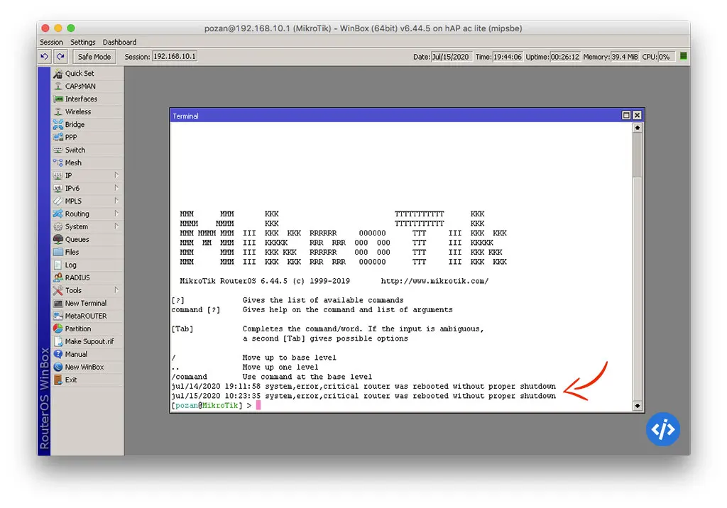 Mikrotik system error critical router was rebooted without proper shutdown - InsertApps